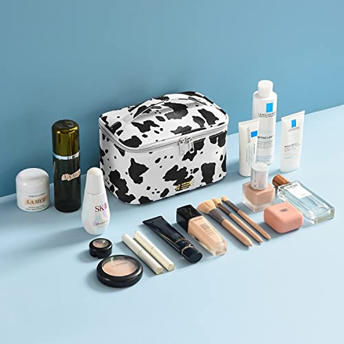 MIRASON Makeup Bag Travel Toiletry Bag for Women, Cute Make Up Bag Set of 3 for Purse Pouch Zipper Makeup Organizer Bag PU Leather Washable Waterproof Cosmetic Bag (Cow Print)