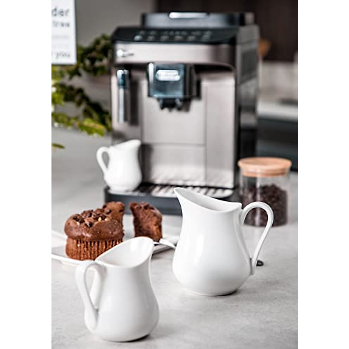 Nucookery 2 Pack (4 Oz) Classic White Fine Porcelain Creamer with Handle,Small Creamer Pitcher Set For Sauces Salad Coffee Milk More,Microwave & Freezer Safe (4-Ounce, Set/2)