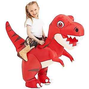 COMIN Inflatable Dinosaur Costume Kids, Ride on Dinosaur Blow Up Trex Costume Red Funny Fancy Dress for Halloween Party 4-6Y