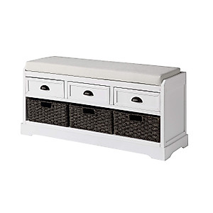 Knocbel Home Collection Wicker Storage Bench, Wood Entry Hallway Bedroom Bench Cabinet with Cushion, 3-Drawer and 3 Woven Baskets, Fully Assembled, 20.2" H x 44" L x 13.7" W (White)