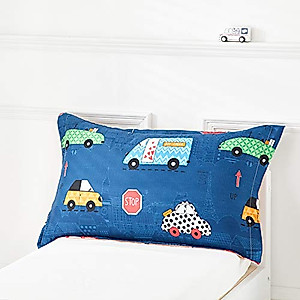 Boys Toddler Bedding Set Navy with Colorful Cars Includes 1 Boys Comforter, Flat Sheet, Fitted Sheet and Pillowcase