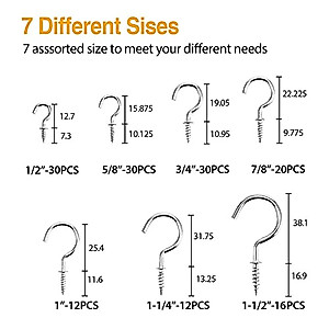 HEHENORL 150pcs 7 Sizes Cup Hooks Nickel Ceiling Hooks Set Screw-in Hooks Cup Hooks Bar Kichen Hardware Hook Bathroom Office and Home Screw Hanger