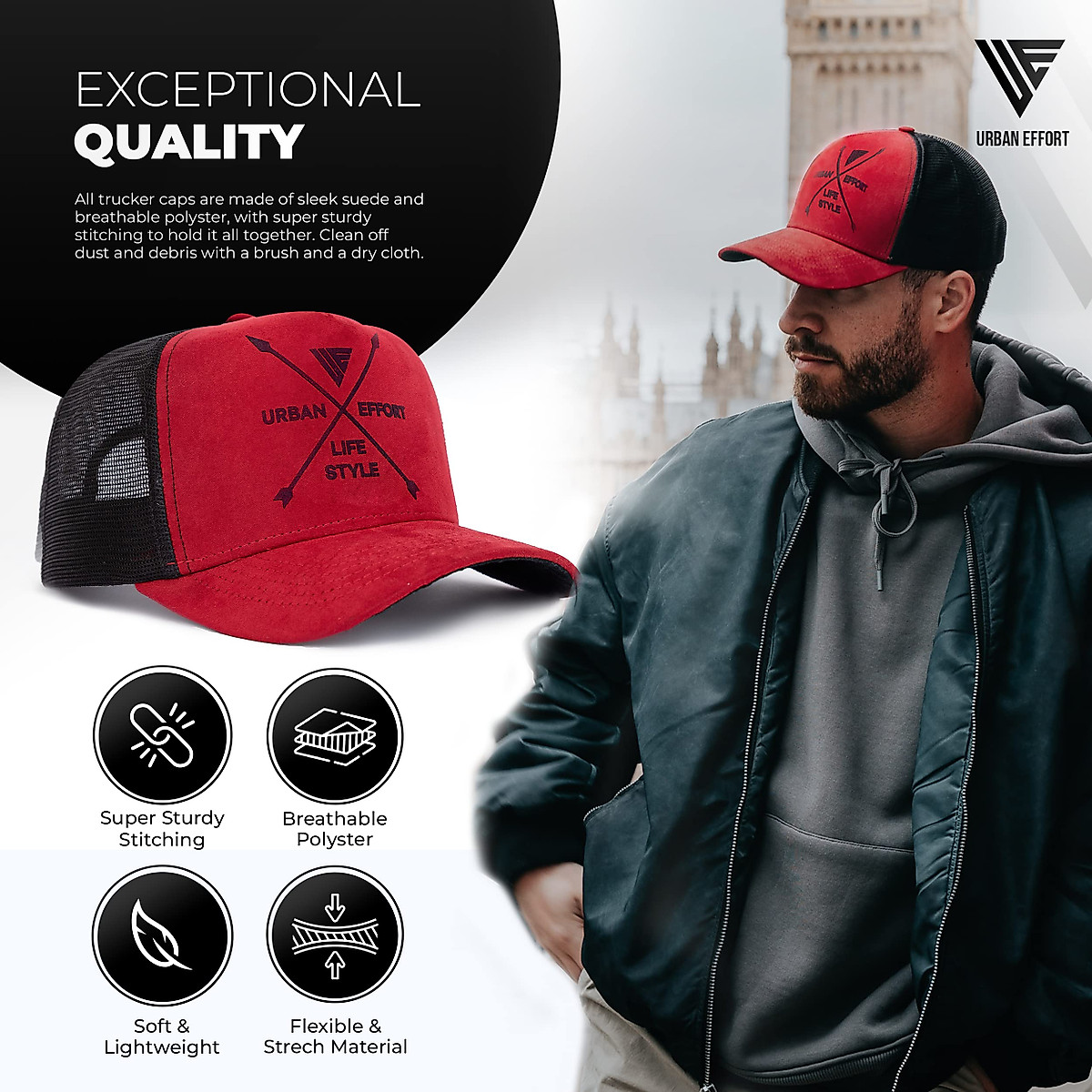 Urban Effort Lifestyle Trucker Hats for Men & Women Adjustable Baseball Mesh Hat - Modern & Comfortable Mens Cap for Closure (Trucker Hat, Red)