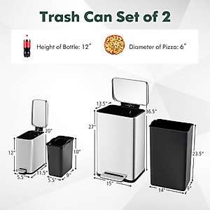 Goplus Step Trash Can Combo Set, 10.6 Gal and 1.6 Gal Stainless Steel Waste Bin with Detachable Inner Buckets, Stay-Open & Soft-Closing Lids, 2 Pack Garbage Can for Kitchen, Bathroom & Office