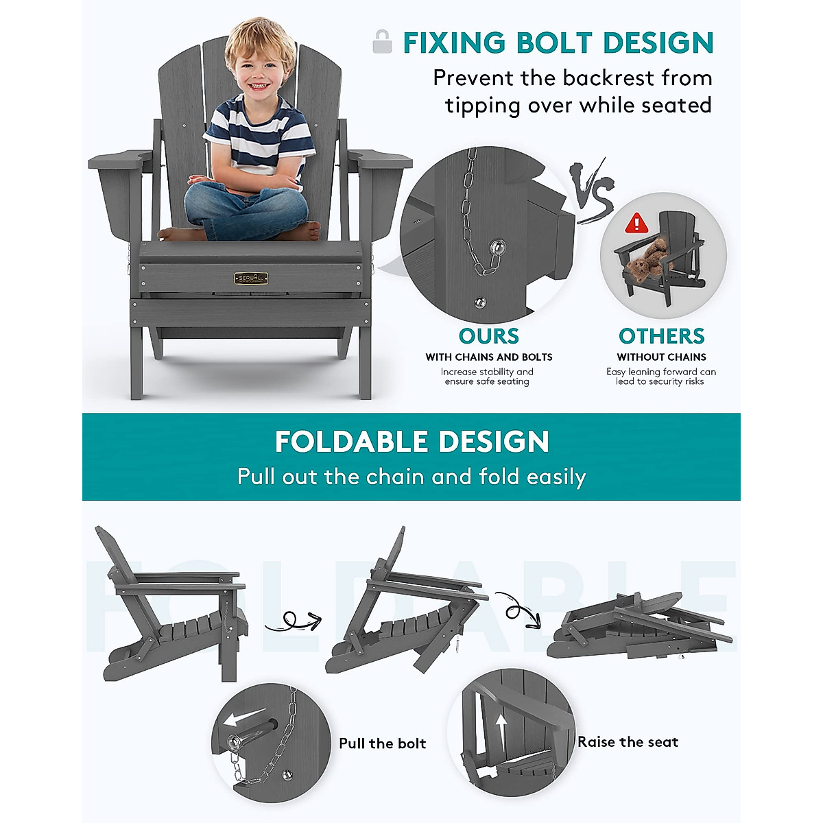SERWALL Adirondack Chair for Patio Garden Outdoors Fire Pit- (Folding Gray)