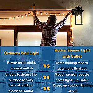 SUNTOWN Dusk to Dawn Motion Sensor Outdoor Porch Lights with GFCI Outlet, Waterproof Anti-Rust Outside Wall Mount Light with 3 Modes, Black Exterior Lighting Fixture for House Garage