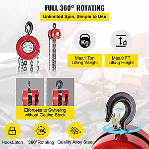 VEVOR Hand Chain Hoist, 2200 lbs /1 Ton Capacity Chain Block, 8ft/2.5m Lift Manual Hand Chain Block, Manual Hoist w/Industrial-Grade Steel Construction for Lifting Good in Transport & Workshop, Red