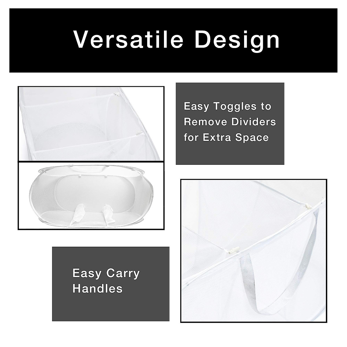 Smart Design Deluxe Mesh Pop Up 3 Compartment Laundry Sorter Hamper Basket - VentilAir Fabric Collapsible Design - for Clothes & Laundry - Home Organization (Holds 6 Loads) (33 x 15 Inch) [White]