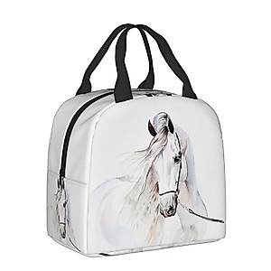 PrelerDIY Watercolor White Horse Lunch Box - Insulated Lunch Bags for Kids Boys Girls Reusable Lunch Tote Bags, Perfect for School/Camping/Hiking/Picnic/Beach/Travel