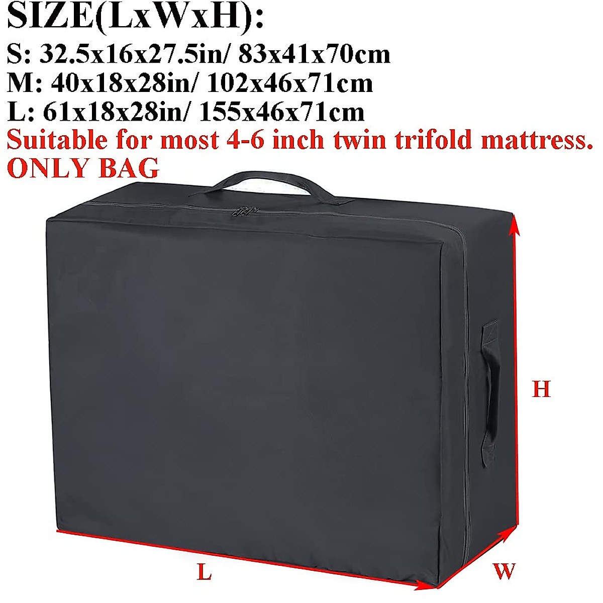 Tri-Fold Mattress Carry Case Bag Waterproof Foldable Memory Foam Narrow Twin Mattress Cases Mattress Cover Sturdy Carrying Storage Bags for 4-6in Queen Tri-Fold Guest Bed Mattress 32.5x16x27.5in