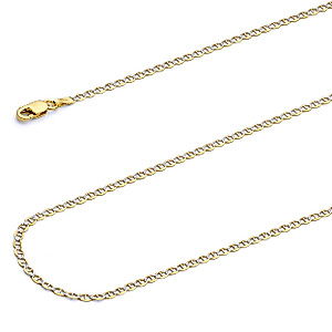 14k REAL Two Tone Gold Solid 2mm Flat Mariner White Pave Chain Necklace with Lobster Claw Clasp - 20"