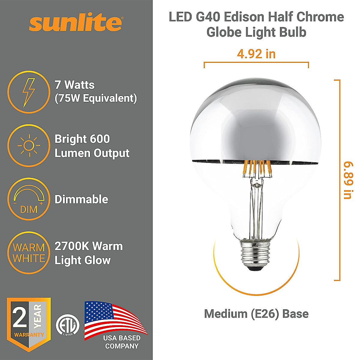 Sunlite LED G40 (G125) Edison Half Chrome Globe Light Bulb, 7 Watts (75W Equivalent), 600 Lumens, Standard E26 Base, Dimmable, Decorative Silver Bowl, Anti-Glare. 2700K Soft White, 3 Pack