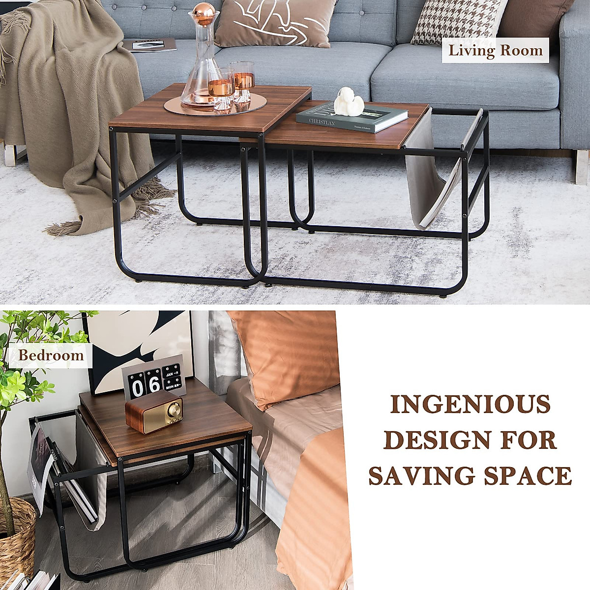 Giantex Nesting Coffee Table Set of 2, Stackable Side Table w/Side Pocket, Accent Nightstand, Industrial End Table w/Steel Frame for Living Room Bedroom Office, Easy Assembly, Rustic Brown