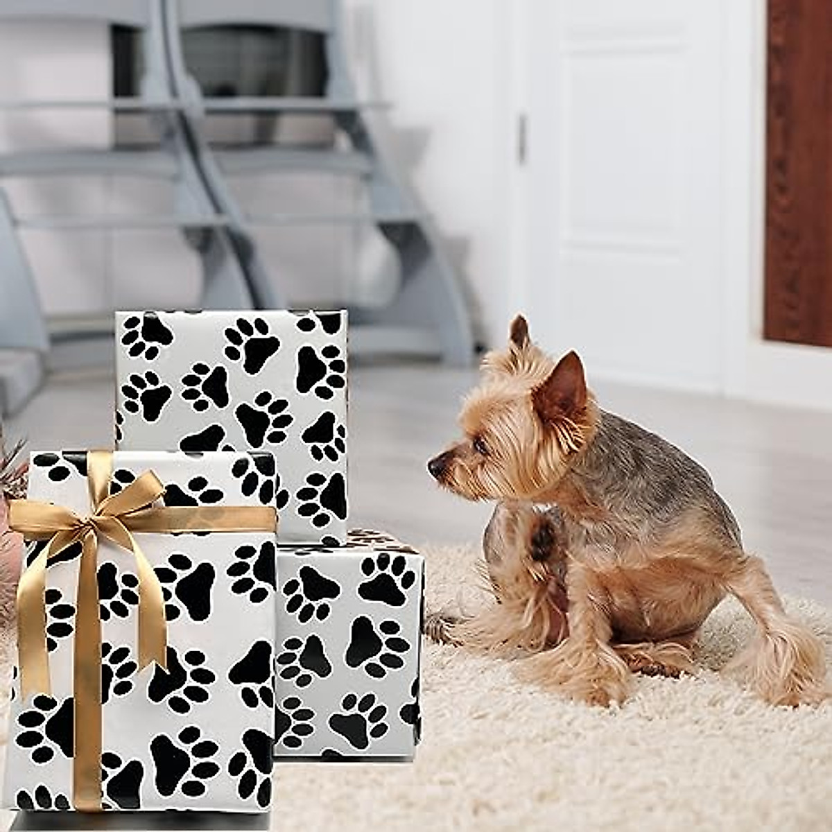 Dtiafu Paw Print Wrapping Paper - 10 Sheets Funny Dog Cat Lovers Birthday Wrapping Paper for Women Men Kids - Black and White Paw Gift Wrap - 20 X 28 Inch Per Sheet