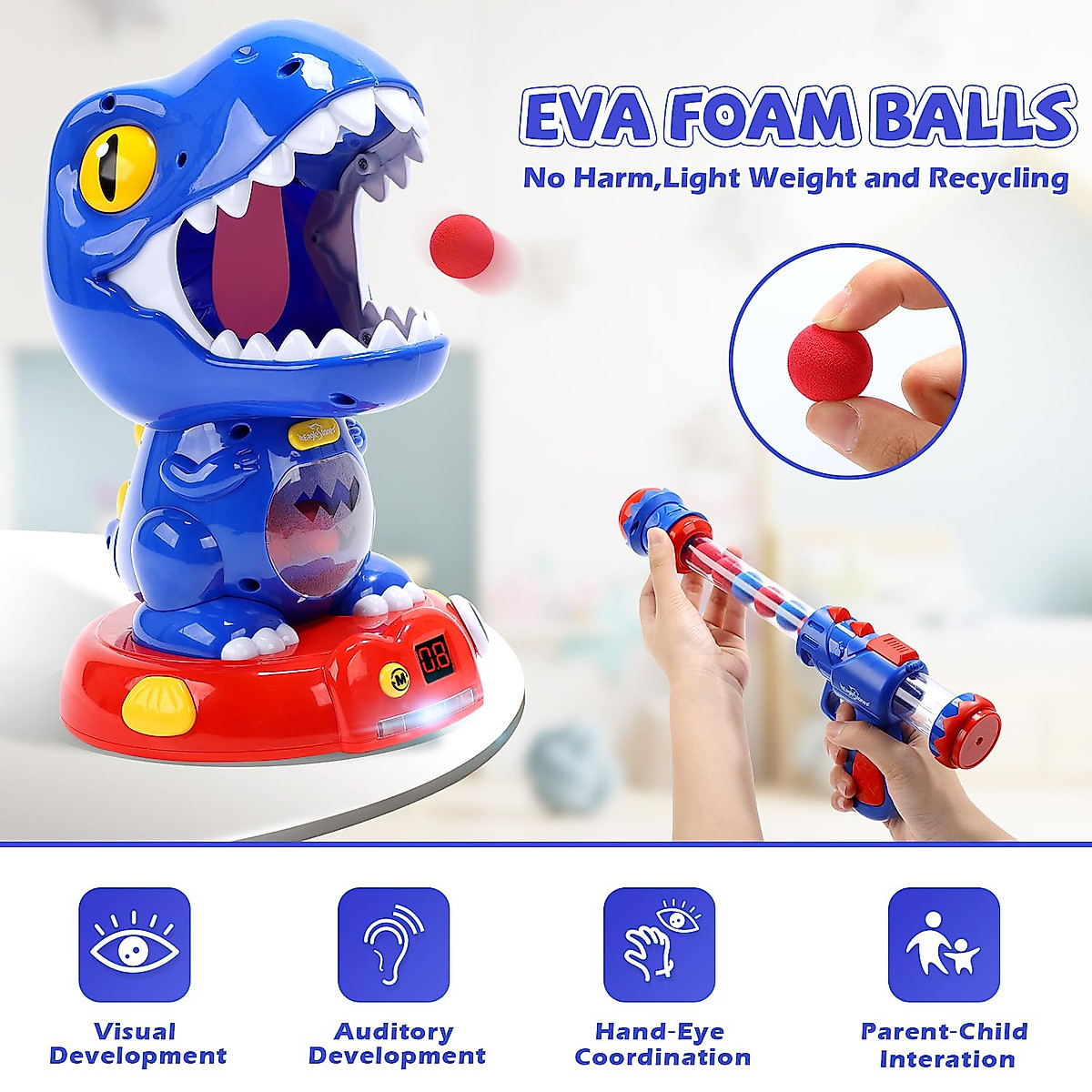 EagleStone Movable Dinosaur Toys for Kids 5-7, Spaying & Auto Scoring, Dino Shooting Target Game with 2 Pump Guns, 48 Foam Balls, Sound, Fun Gift for Boys & Girls, Party Favor