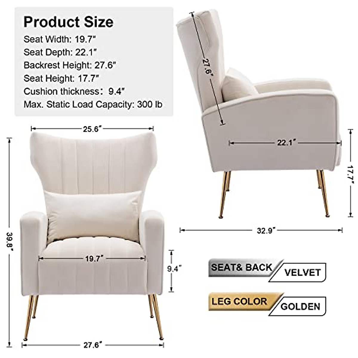 Hyfirm Accent Chairs for Living Room Set of 2, Mid Century Modern Chairs Upholstered Velvet Wingback Arm Chairs, Comfy Leisure Chairs with Lumbar Pillow for Bedroom Office Club, 2PCS, Cream
