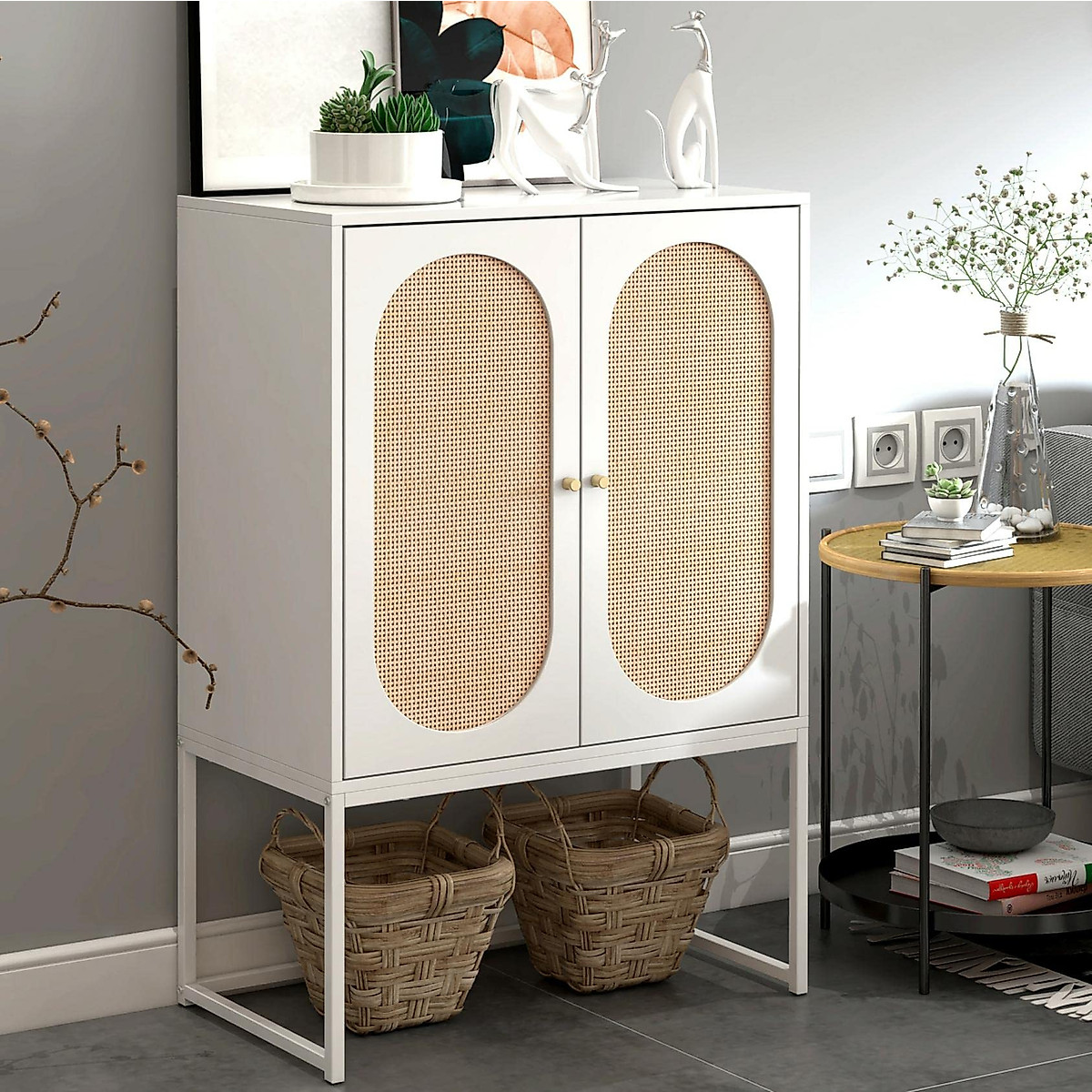 Lamerge Rattan Cabinet,2 Door Sideboard Buffet Cupboard Accent High Cabinet with Natural Rattan,Free Standing Bookmatch,Adjustable Shelves,Easy Assembly,White (LRC-W)