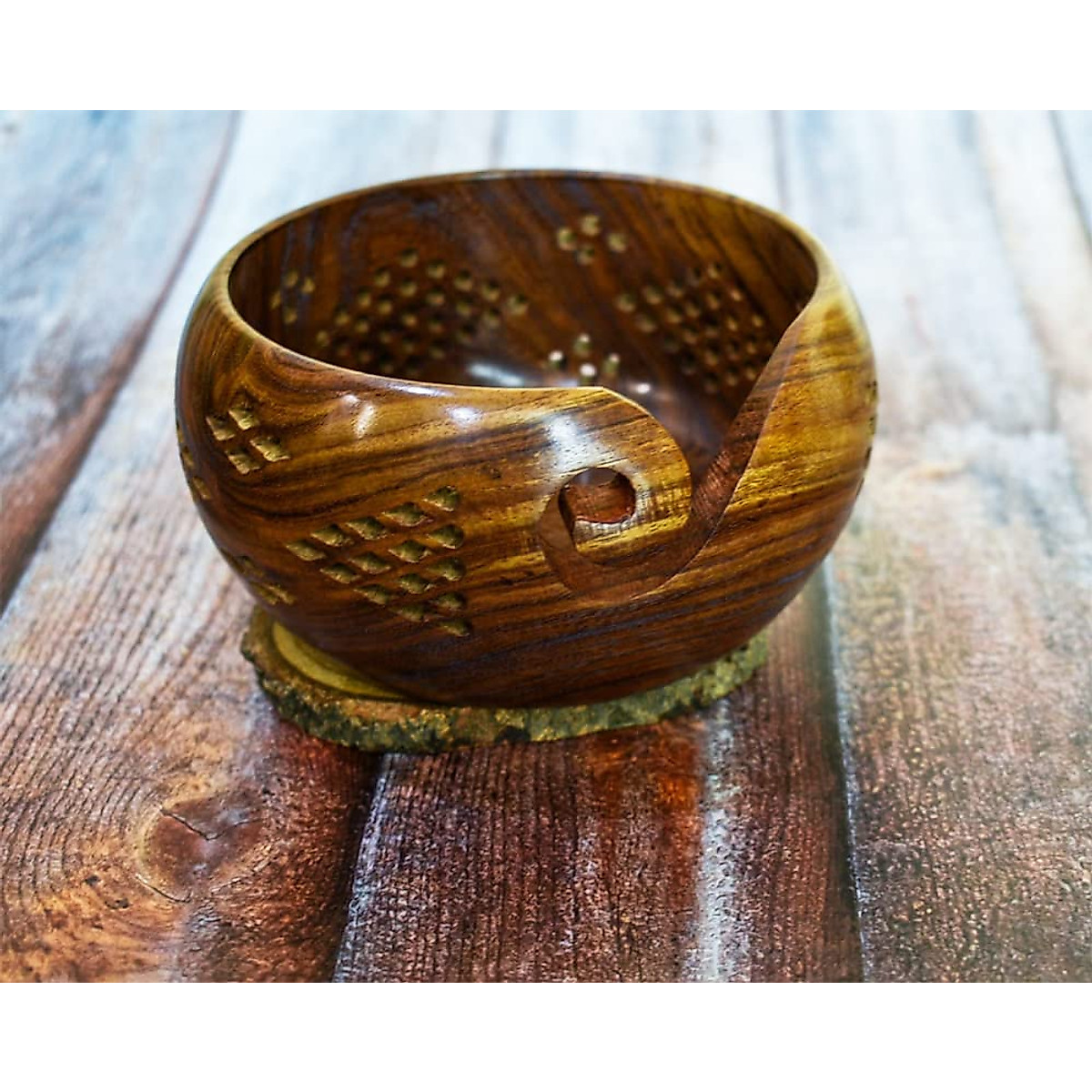 Ajuny Wooden Crafted large Yarn Ball Storage Bowl with Elegant Design Spiral Yarn Dispenser | Carved Holes | Knitting Crochet Accessories - Gift for ladies