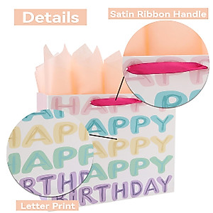13” Large Colorful Happy Birthday Gift Bag Set with Handles, Greeting Card, Tissue Papers and Stickers for Women Girls, Words Design, 1 Pcs