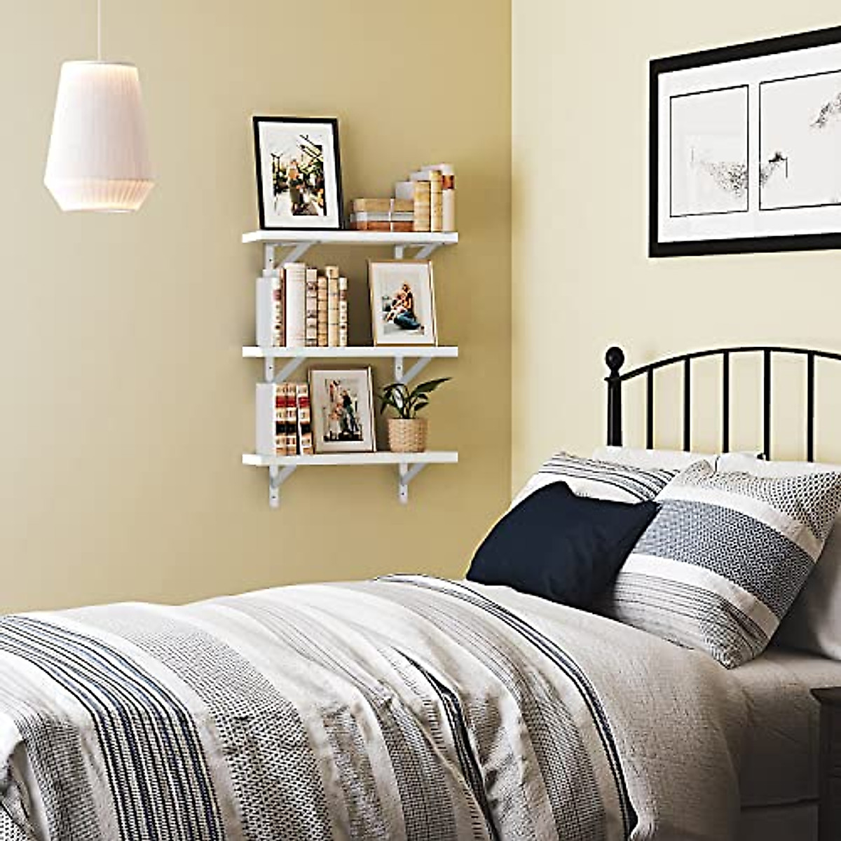 BHFOW Set of 3 Floating Wall Shelves Wall Mounted Floating Shelf Wood Hanging Shelf for Wall, Storage Display Shelving Include Mounting Brackets, White