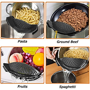 YEVIOR Clip on Strainer for Pots Pan Pasta Strainer, Silicone Food Strainer Hands-Free Pan Strainer, Clip-on Kitchen Food Strainer for Spaghetti, Pasta, Ground Beef Fits All Bowls and Pots - Black