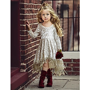 Vintage Princess Kids Baby Flower Girls Dress Silver Velvet Tassels Dresses Ruffle Long Sleeve Floral Lace Dress (Silver, 6-12Months)