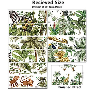 Large Size Tropical Palm Green Leaf Plant Animals Jungle Wall Decals For Kids Room Bedroom Cute Monkey Zebra Giraffe Big Vinyl Self-adhesive Wallpaper Peel and Stick Woodland Forest Kindergarten Decoration Sticker Removable DIY Nursery Mural