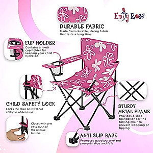 Emily Rose Kids Folding Chair | Pink Kid Beach Chair with Safety Lock- Camping Chair for Girls Toddler with Cup Holder & Carry Case- Tailgate, Travel, Beach, Lawn- for Indoor & Outdoor