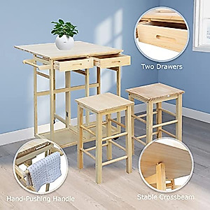 ANTSKU 3Pcs Drop Leaf Table, Rolling Kitchen Tables for Small Spaces, Space Saving Dining Table Set for 2, Natural
