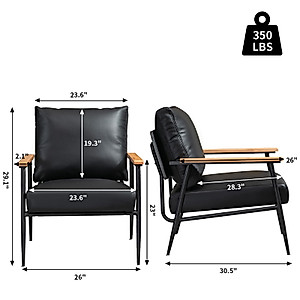 GYI Black Leather Accent Chair Set of 2, 23.6'' Wide Armchair Set of 2, Industrial Black Metal Frame Accent Chairs with Wood Arms, Mid-Century Modern Comfy Sofa Chair for Living Room, Bedroom
