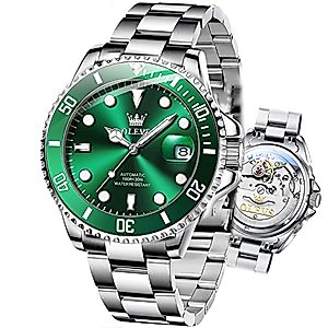 Men Automatic Wirst Watches Self Winding Silver And Green Automatic Watches for Men Mechanical Waterproof Big Face Stainless Steel Date No Battery Watches Man Luminous Submariner Wristwatch Gift