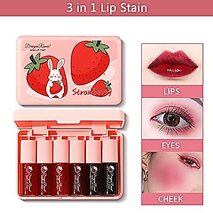 6 Colors Lip Tint Stain Set, Korean Velvet Lip Tint Watery Lip Stain Tint Moisturizing Mini Liquid Lipstick, Multi-use Lip and Cheek Tint, Long lasting Non-Stick Cup Waterproof, Shimmery, Lip Color Makeup