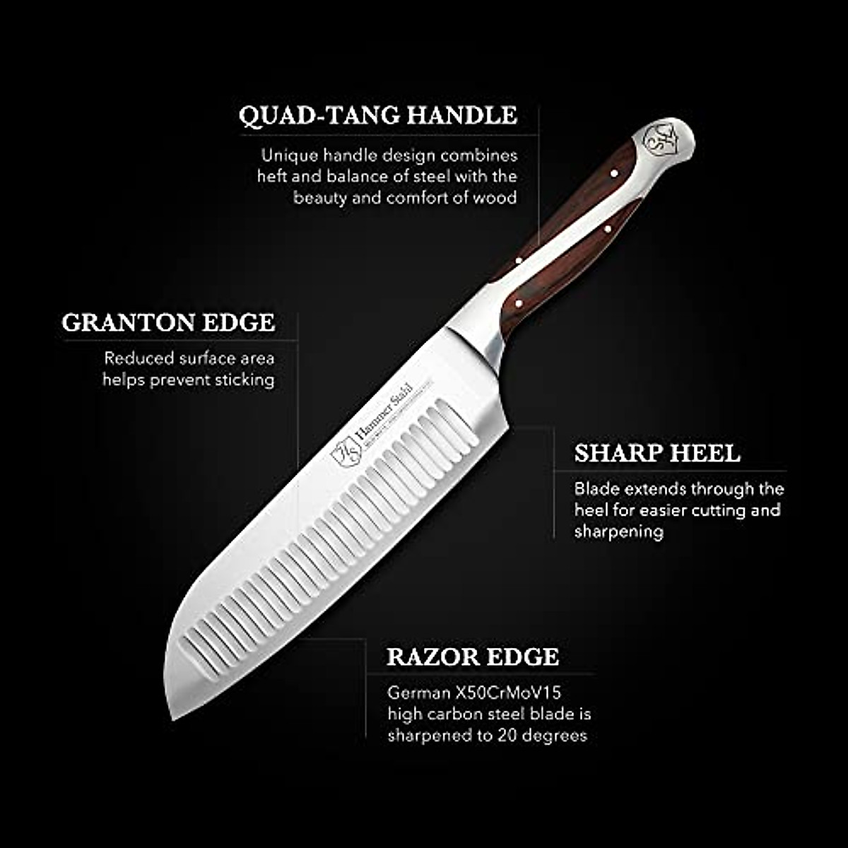 5.5 Inch Japanese Style Santoku Knife | Hammer Stahl | High Carbon Stainless Steel Kitchen Knife | Razor Sharp Multipurpose Chopping Knife for Meat, Vegetable & Fruit with Ergonomic Handle & Gift Box