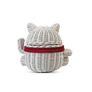 G6 COLLECTION Cat Rattan Storage Basket With Lid Decorative Bin Home Decor Hand Woven Shelf Organizer Cute Handmade Handcrafted Nursery Gift Animal Art Decoration Artwork Wicker Kitten