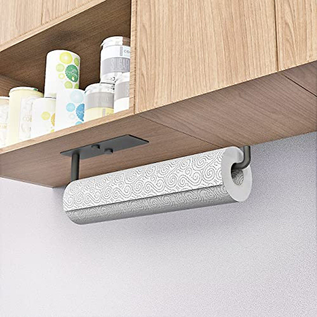 Paper Towel Holder Under Cabinet, Wall Mount Paper Towels Rack for Kitchen, Self Adhesive Hanging Paper Towel Holders for RV Camper, Black