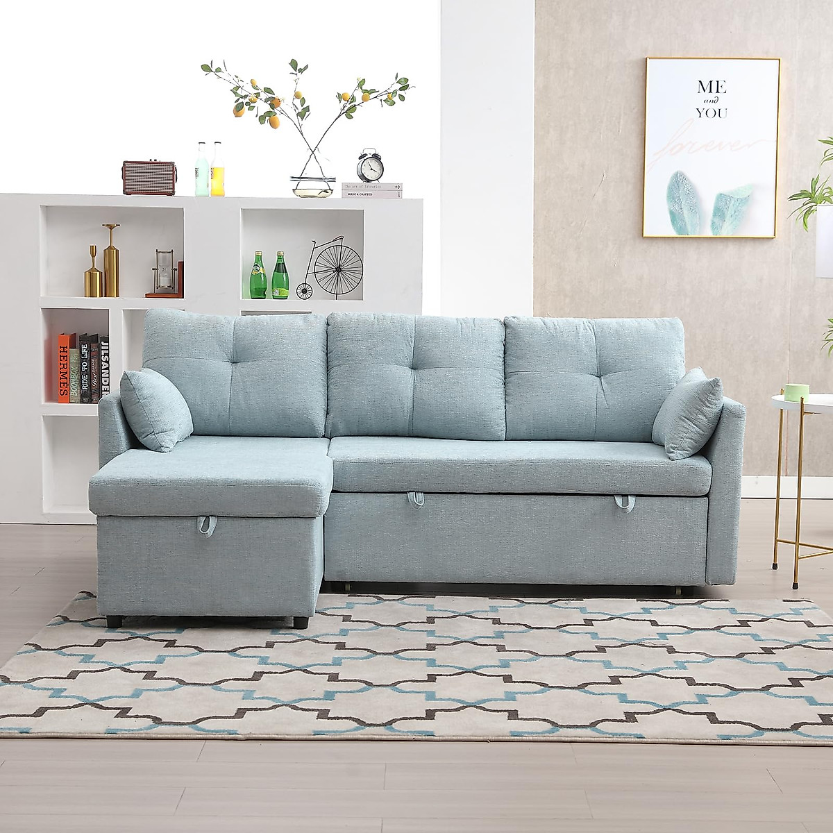 Chenille Couch with Pull Out Sofa Bed, Sleeper Sofa with Storage Chaise Lounge, Sectional Couch with Comfy Pillows and Pockets, Convertible L Shape Couches for living room, Bedroom, Office, Mint Green
