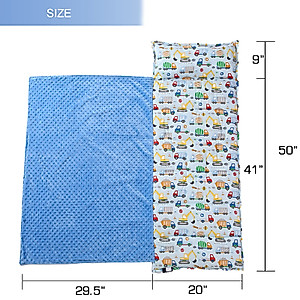 NapCure Toddler Nap Mat with Removable Pillow and Minky Blanket,Soft Rolled Napping Mats for Boys and Girls,Lightweight Daycare,Preschool,Travel Toddler Sleeping Slumber Bag-50”×20”(Truck and Digger)