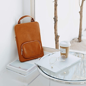 Comfyable Laptop Sleeve Bag 14 Inch Compatible for MacBook Pro 14 Inch 13 Inch, MacBook Air 13 in M2 M1 with Handle & Pocket - Faux Leather Computer Carry Briefcase-Brown