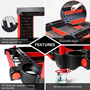 Ulable Auto Detailing Tool Cart, 3-Tier Utility Rolling Shop Cart with Side Hanging Plate and Hooks, Car Washing Cleaning Cart Organizer for Storing Your Tools, Tool Carts for Beauty Shop and Workshop