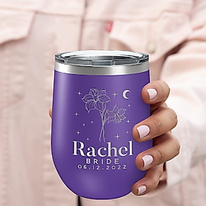 UNITED CRAFT SUPPLIES Personalized Bridesmaid Wine Tumbler W/Name & Title, Bridesmaid Gifts, 10 Colors 12 Birth Flower, Engraved Stemless Wine Tumbler W/Lid, Bridesmaid Proposal Gifts
