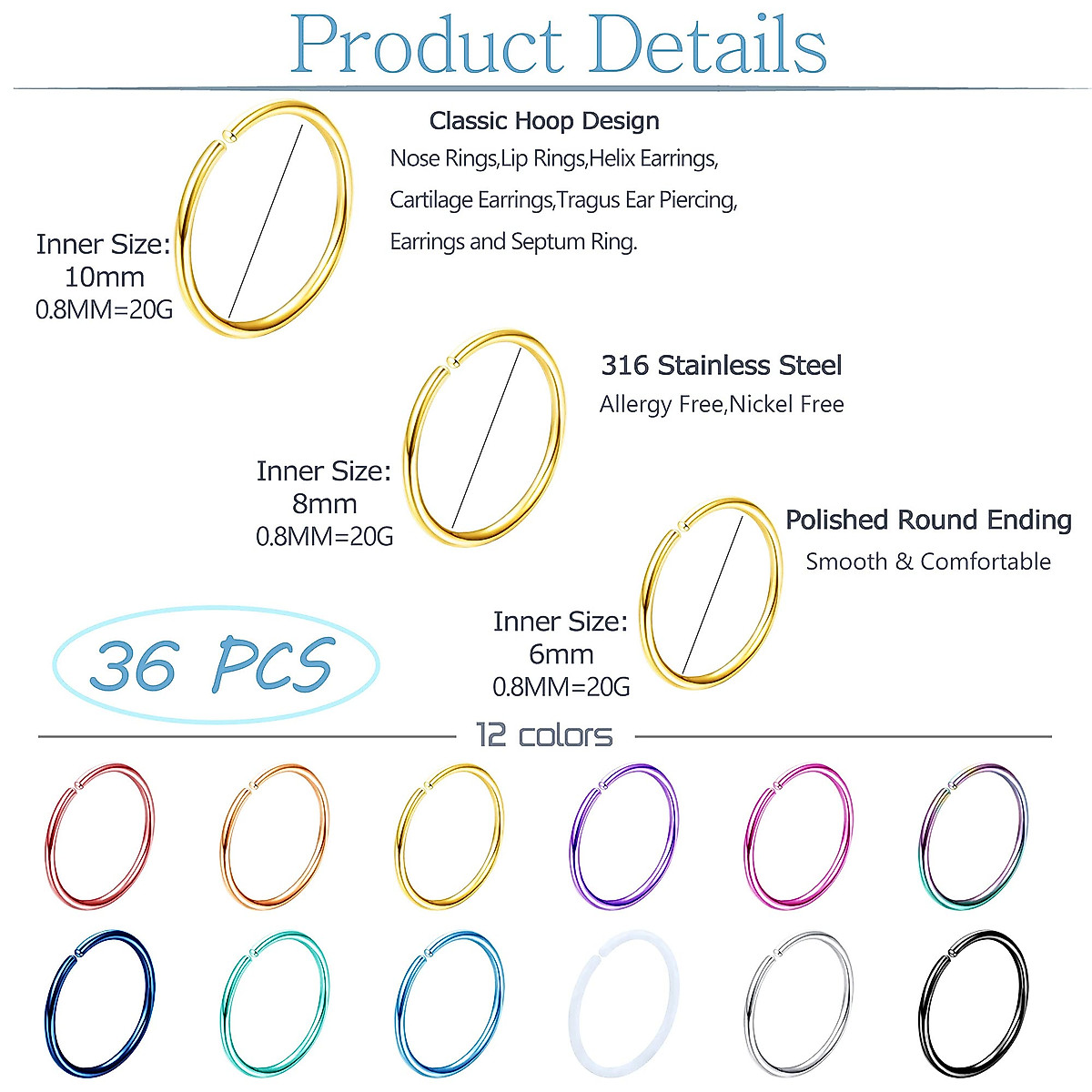 Magitaco 36PCS 20G Nose Ring Hoop 316L Stainless Steel Nose Piercing Lip Septum Tragus Ring Helix Cartilage Earring Hoop Piercing Nose Rings for Women Men