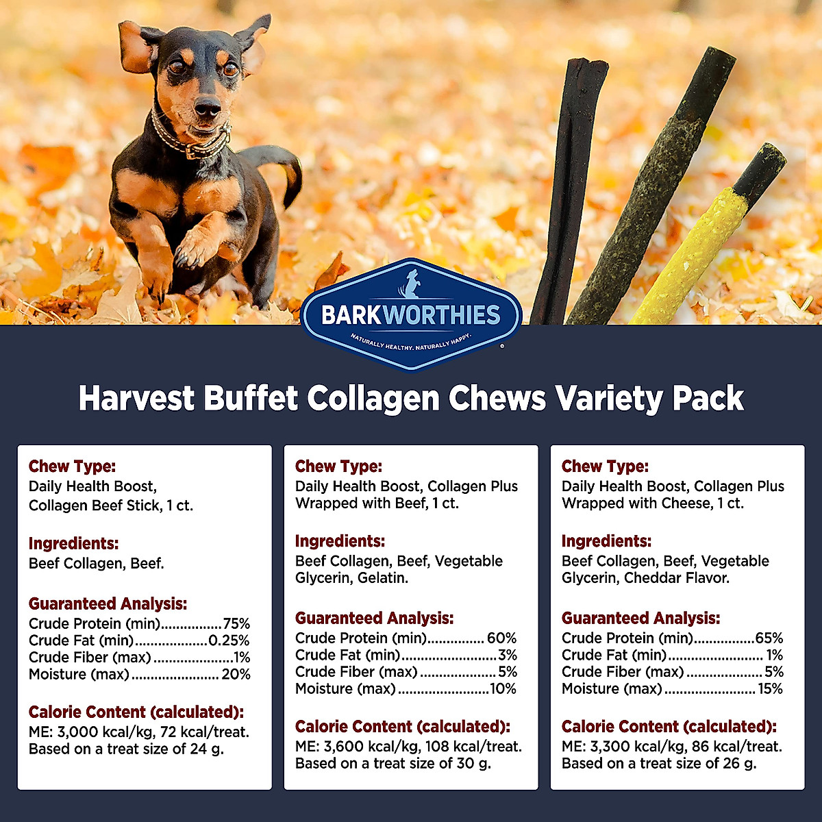 Barkworthies Harvest Buffet Collagen Sticks (6-Inch, 3-Count) - Great Tasting, Easily Digestible, Variety Pack, Dog Chew