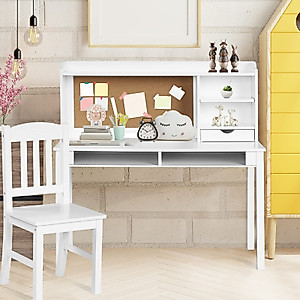 Costzon Kids Desk and Chair Set, Children Study Writing Desk w/Chair, Hutch, Storage, Drawers, Shelves, Cork Bulletin Board, Student Wooden Computer Workstation for Bedroom, Study, Living Room, White