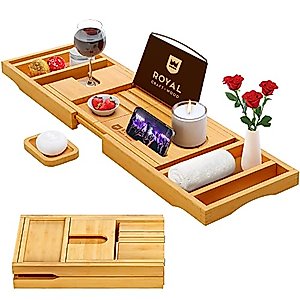 Foldable Bathtub Tray Caddy Bamboo Bathtub Tray Expandable, Bath Tub Table Caddy with Extending Sides - Free Soap Dish
