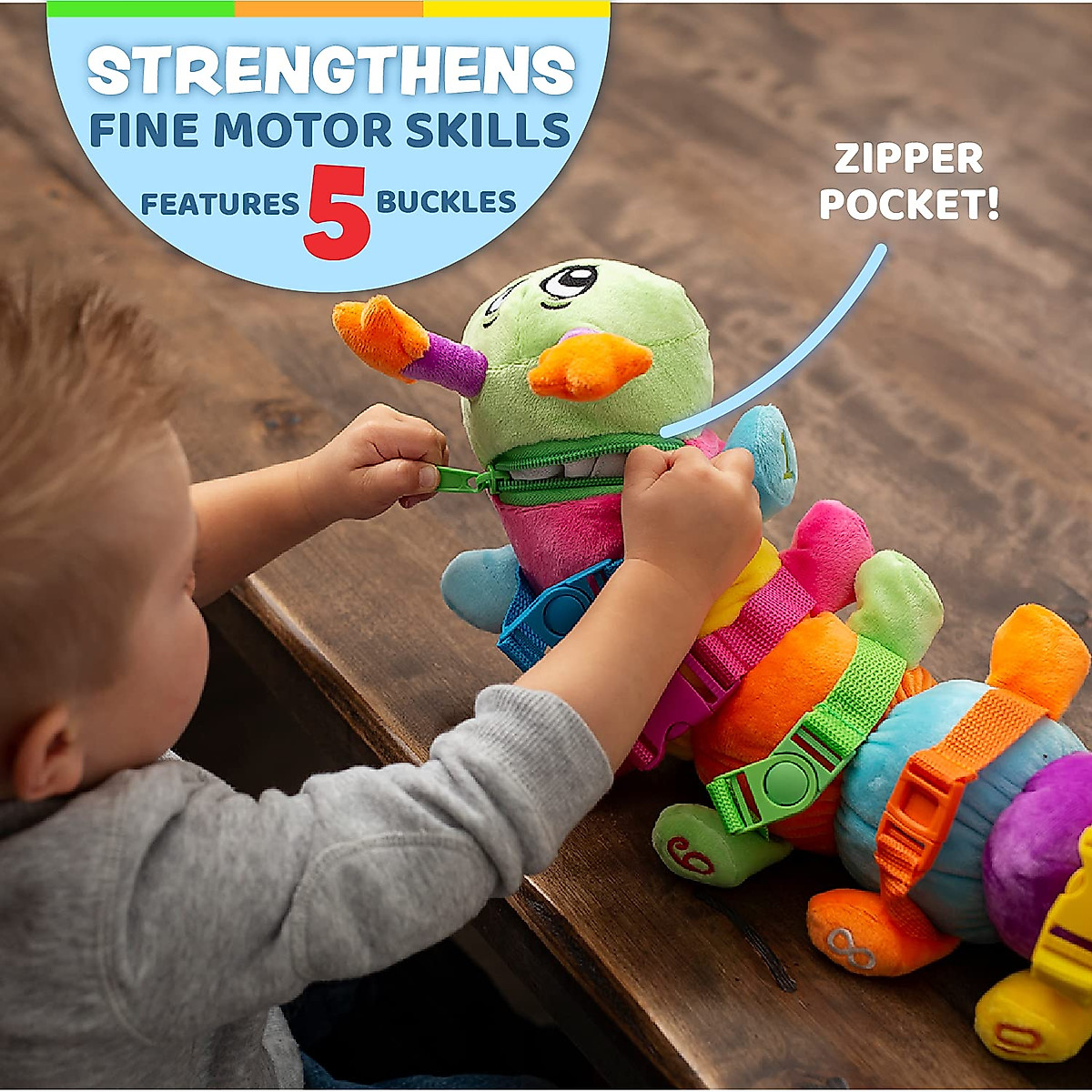 Buckle Toys - Bentley Caterpillar - Travel with Toddler Must Have Activity Toy - Fine Motor Skill Development - Counting and Color Recognition Stuffed Animal