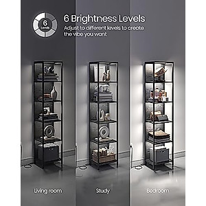 VASAGLE 6-Tier LED Bookshelf, Display Shelf with Dimmable Lights, LED Bookcase with Steel Frame, 11.9 x 15.7 x 70.3 Inches, for Living Room, Bedroom, Office, Black with Wood Grain ULLS121B56