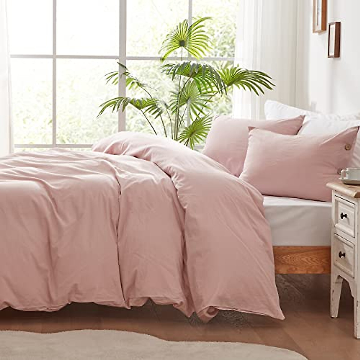 SunStyle Home 100% Washed Cotton Duvet Cover Set Breathable Soft Queen Burnished Lilac Duvet Cover 3 Pieces Solid Color Bedding Set with Buttons Closure Comforter Cover Set (1 Duvet Cover +2 Shams)