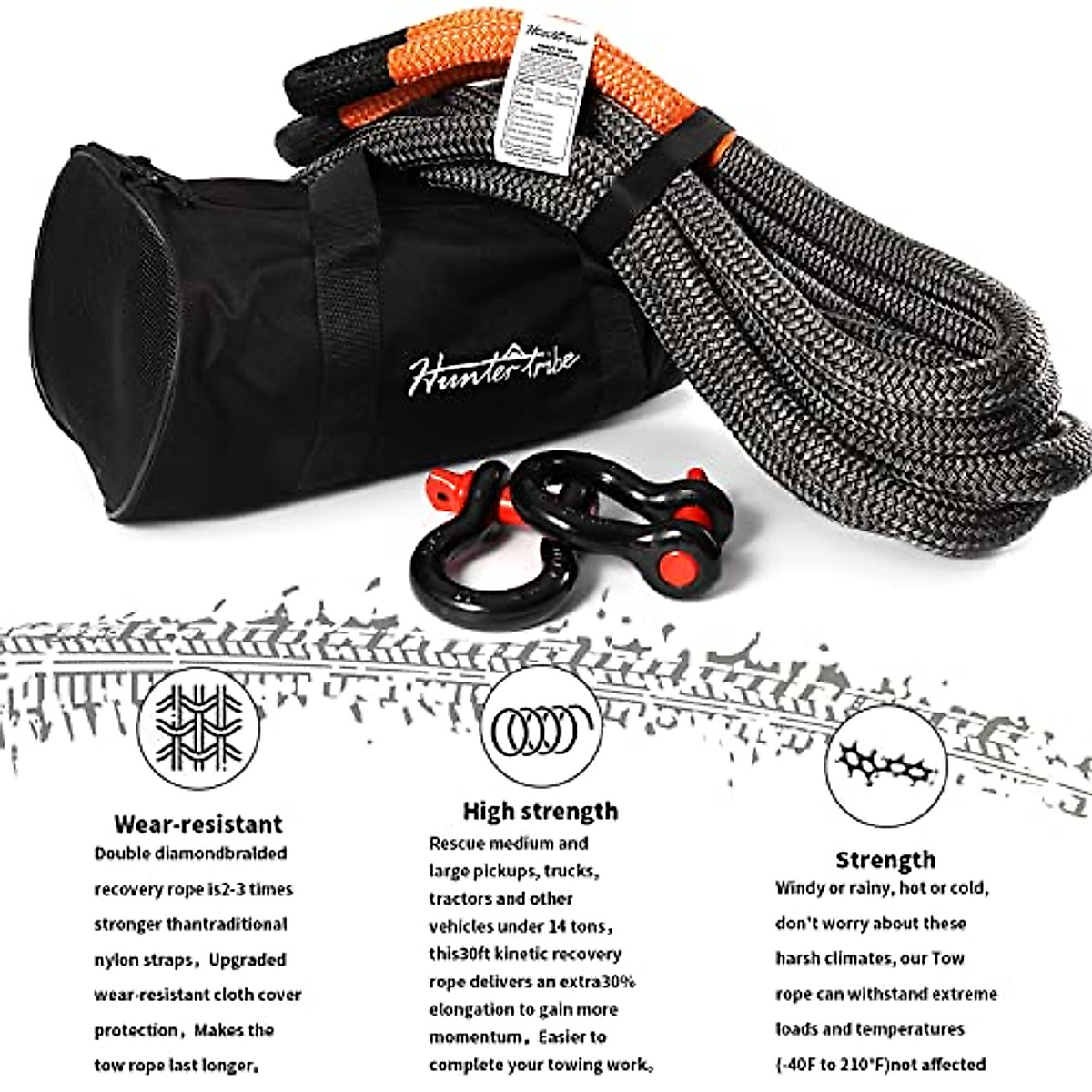 Kinetic Recovery Rope 1" x 30 Ft Tow Rope Strength of 30000Lb Heavy Duty Synthetic Winch Rope with Tow Hook Storage Bag and 3/4 D Ring Shackles