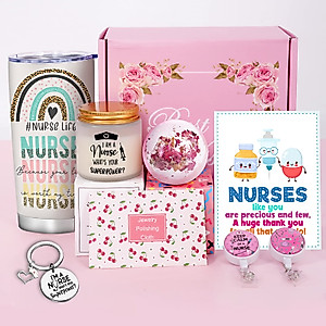 AYGE Nurse Gifts for Women, Nurses Week Gifts 2024- Thoughtful Nurse Appreciation Gift Set - Includes Stainless Steel Tumbler, Candle, Keyring, Bath Bomb, Badge Holder Reel, and Greeting Card