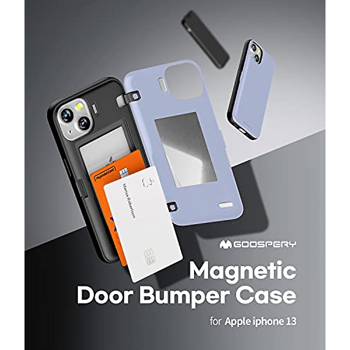 GOOSPERY Magnetic Door Bumper Compatible with iPhone 13 Case, Card Holder Wallet Case, Easy Magnet Auto Closing Protective Dual Layer Sturdy Phone Back Cover, Lilac Purple